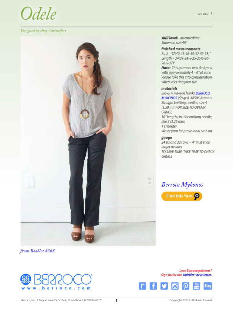 Berroco Pattern 368 Odele v3 | PDF | Knitting | Knitting Needle