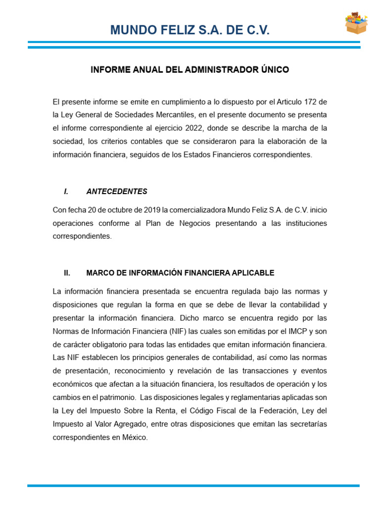 Informe Del Administrador Único Mundo Feliz S.A. de C.V. | PDF ...