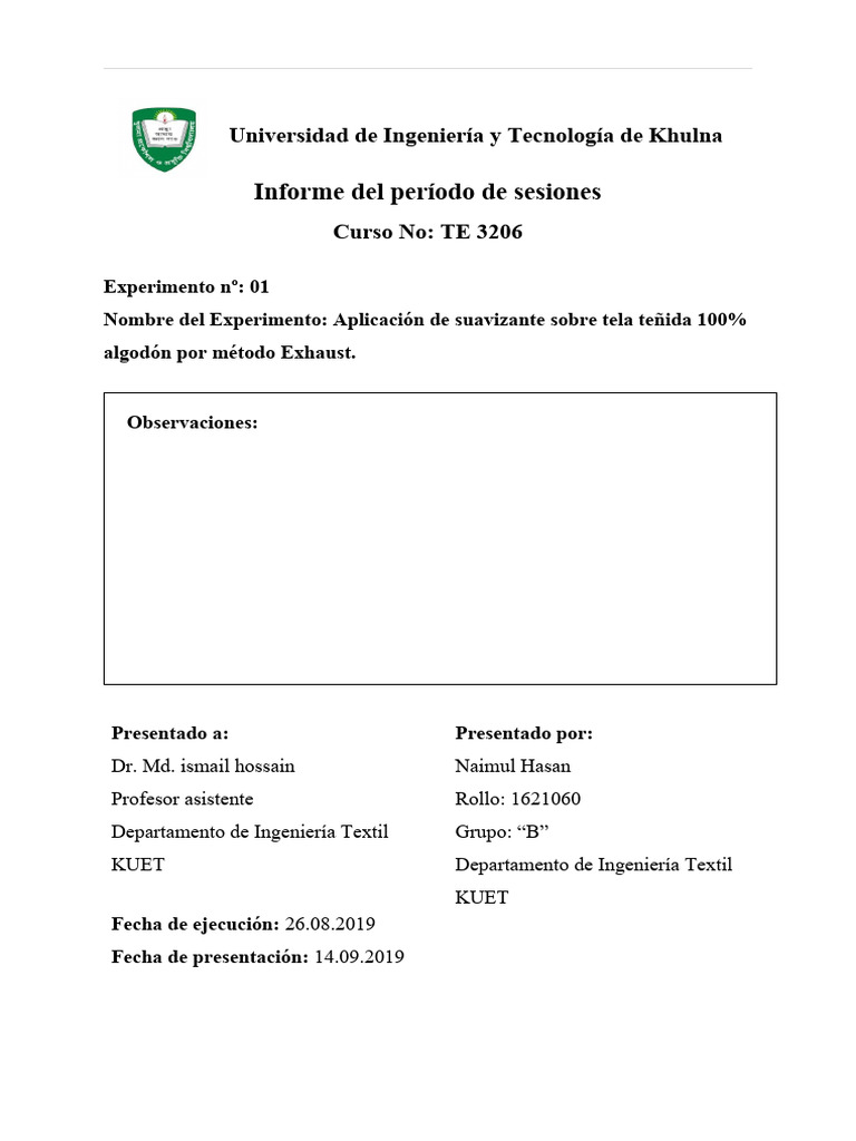 Aplicación de Suavizante Sobre Tela Teñida 100% Algodón Por Método de ...