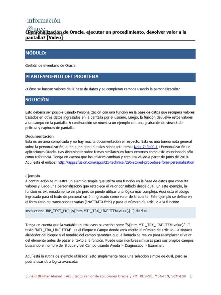 Personalización de Oracle, ejecutar un procedimiento, devolver valor a la pantalla (vídeo) | PDF ...