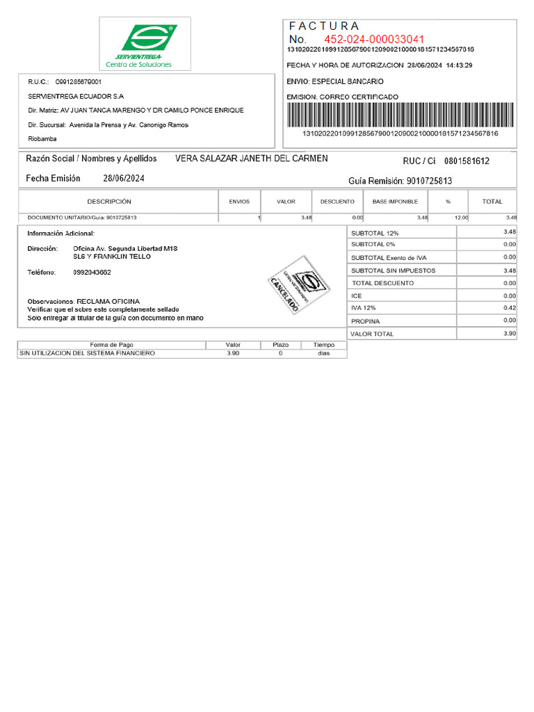 Factura Servientrega Vera | PDF