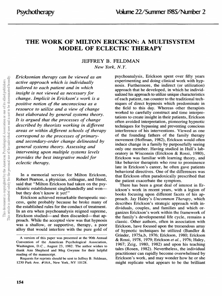 The Work of Milton Erickson A Multisystem Model of Eclectic Therapy ...