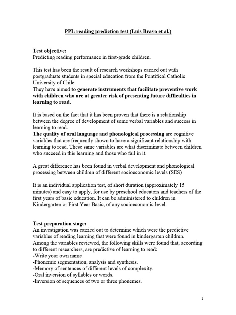 PPL Reading Prediction Test | PDF | Word | Socioeconomic Status
