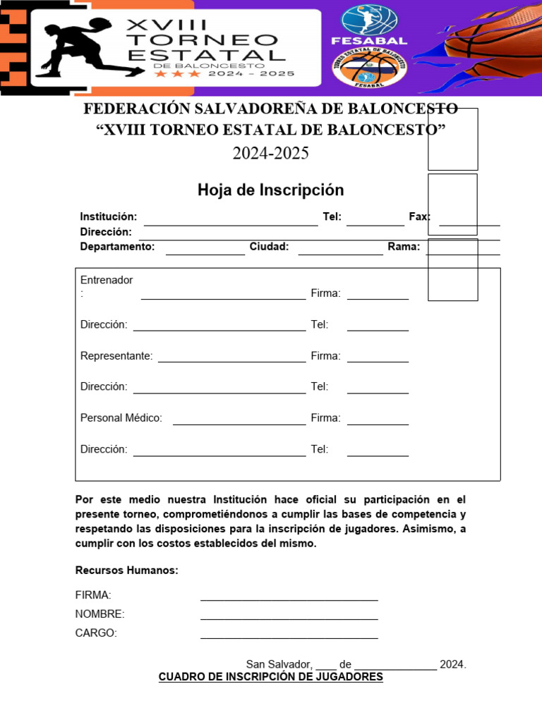 Hoja de Inscripción Torneo Estatal 2024 | PDF
