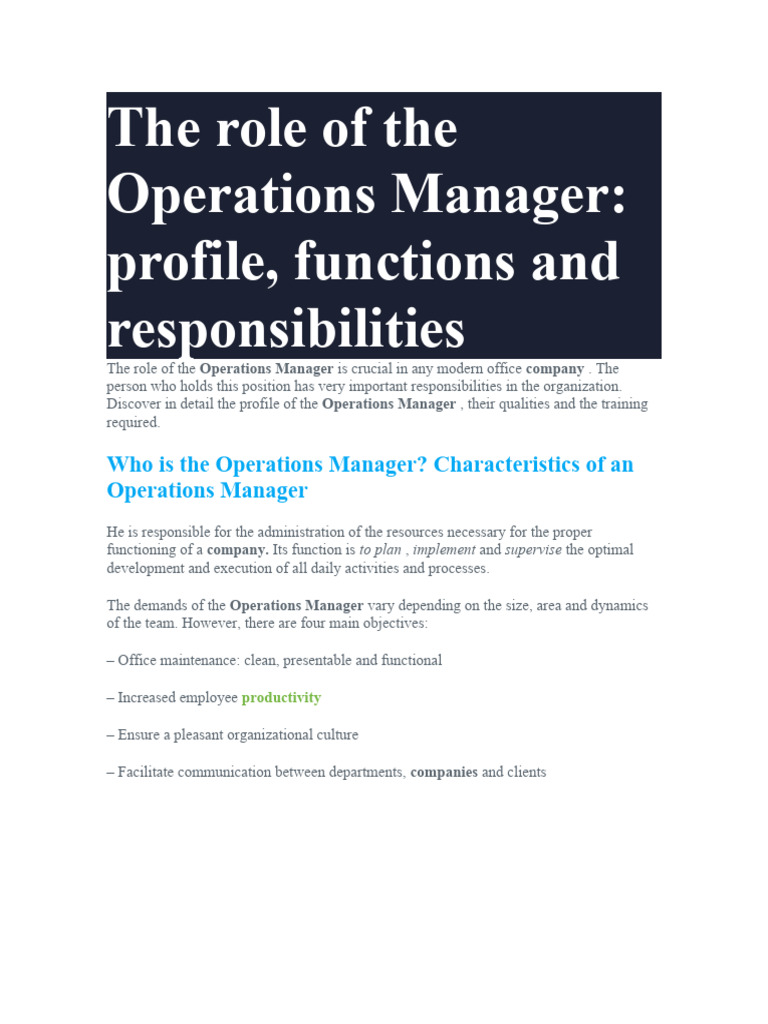 Operations Manager: Roles & Responsibilities | PDF | Logistics | Supply ...