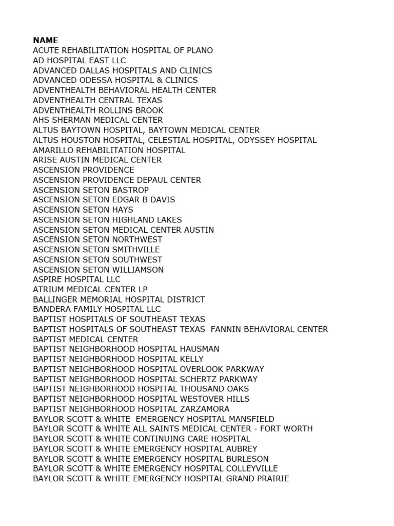 General Special Hospital List | PDF | Hospital | Texas