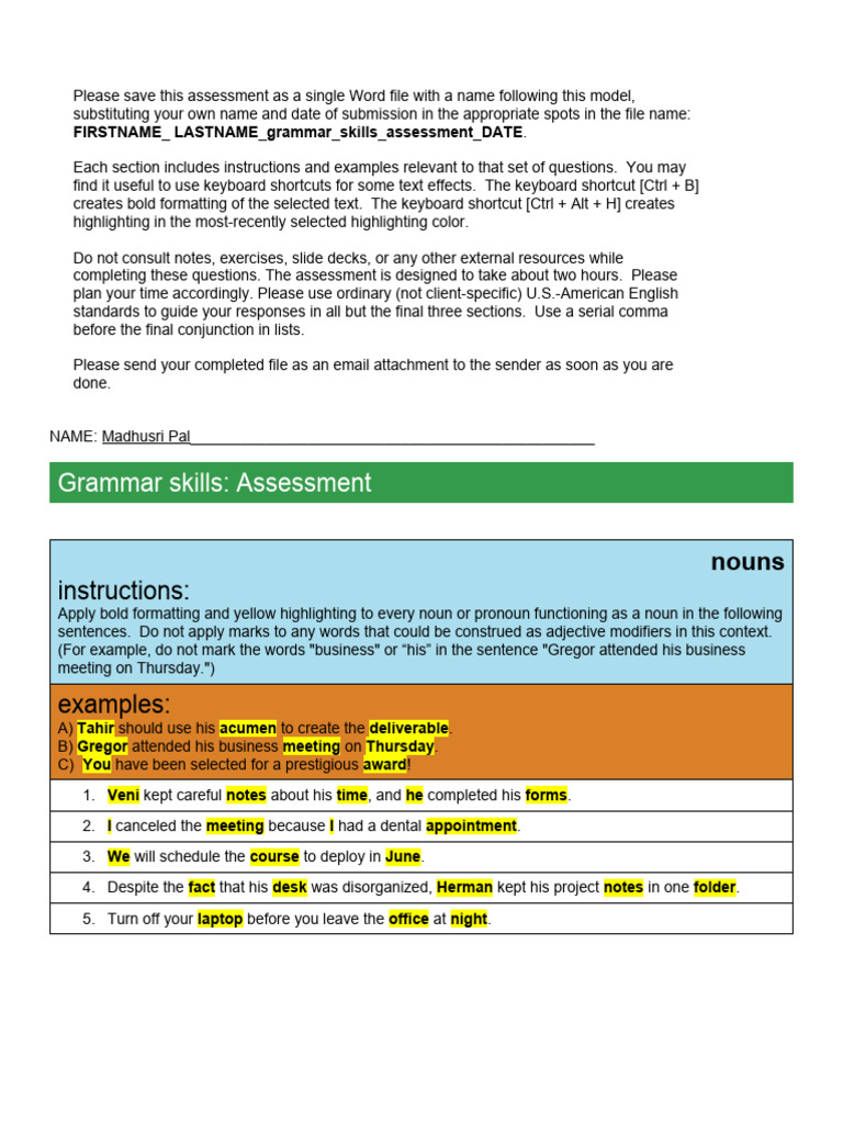 Grammar Skills Assessment | PDF | Part Of Speech | Subject (Grammar)