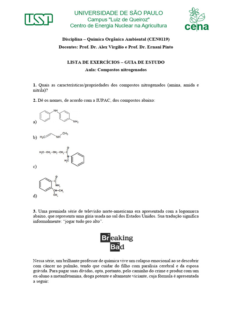 Lista de Exercícios - Compostos Nitrogenados | PDF | Amina | Amida