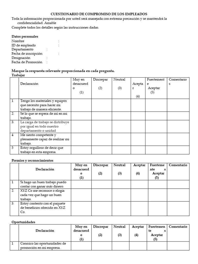 Cuestionario de Compromiso de Los Empleados | PDF