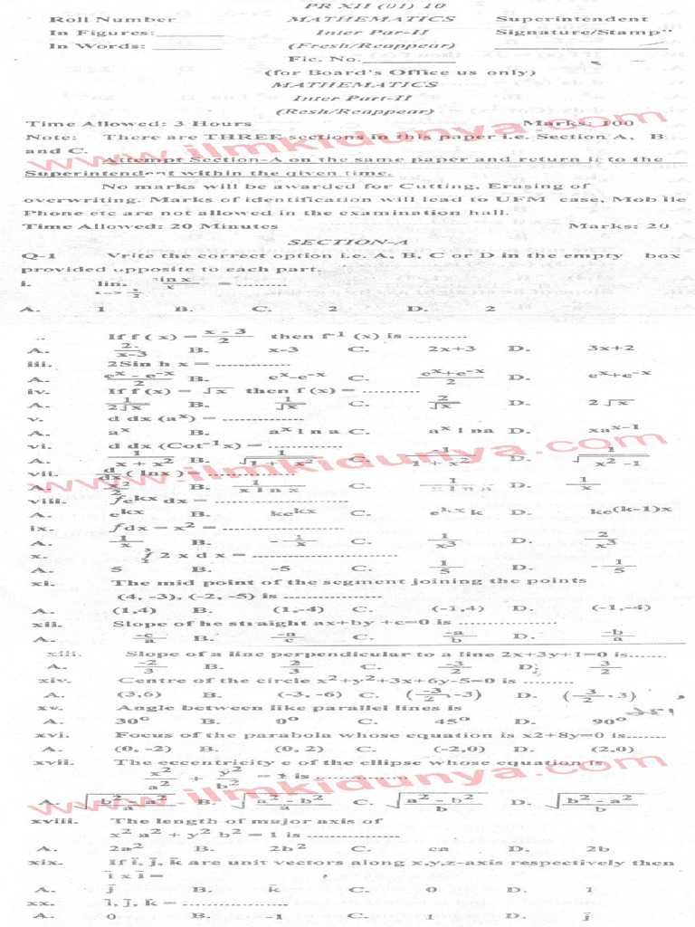 Past Papers 2010 Peshawar Board Inter Part 2 Mathematics Section A | PDF