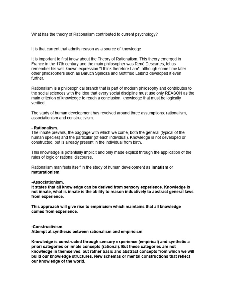 What Has The Theory of Rationalism Contributed To Current Psychology? | PDF | Rationalism | Reason