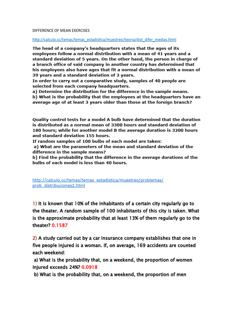 Difference of Means Exercises | PDF | Standard Deviation | Normal ...