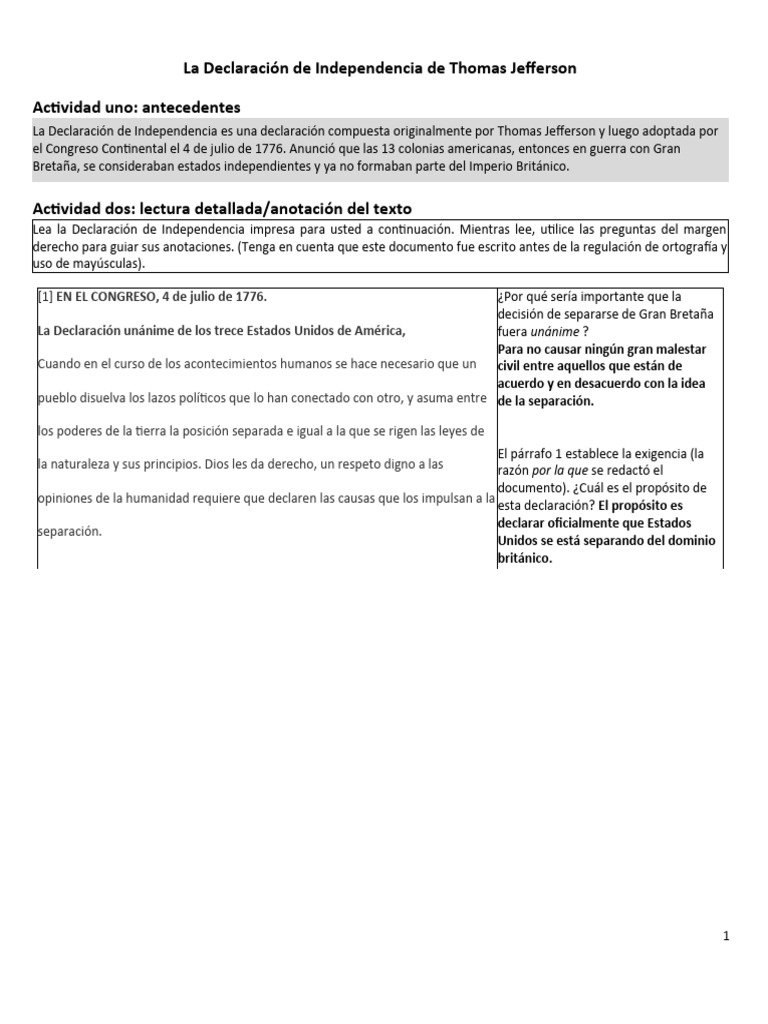 Lectura y anotación de la Declaración de Independencia | PDF ...