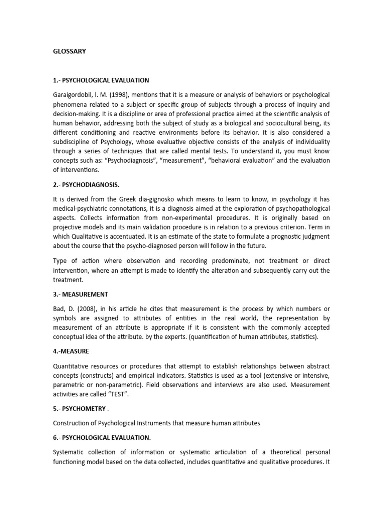 Glossary of Psychological Evaluation | PDF | Psychology | Quantitative ...