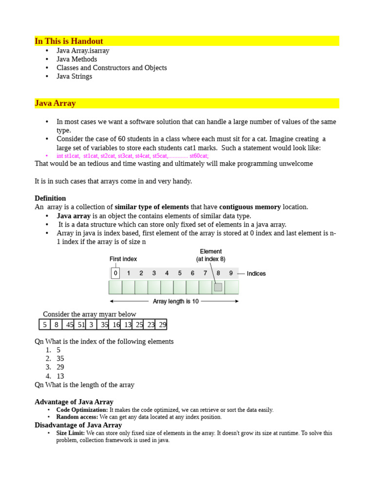 Java Training Handout Arrays Methods Strings Pdf Programming Constructor Object 9248