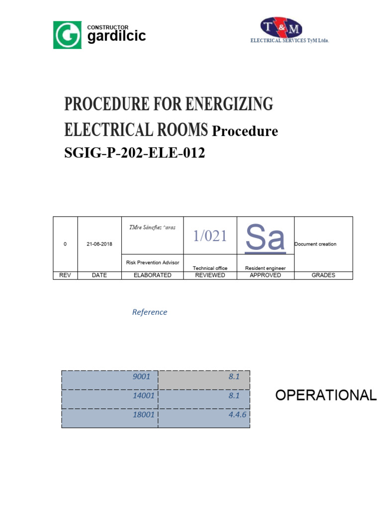 SGIG-P-202-ELE-012 PROCEDURE TO ENERGIZE ELECTRICAL ROOMS - Revb | PDF ...