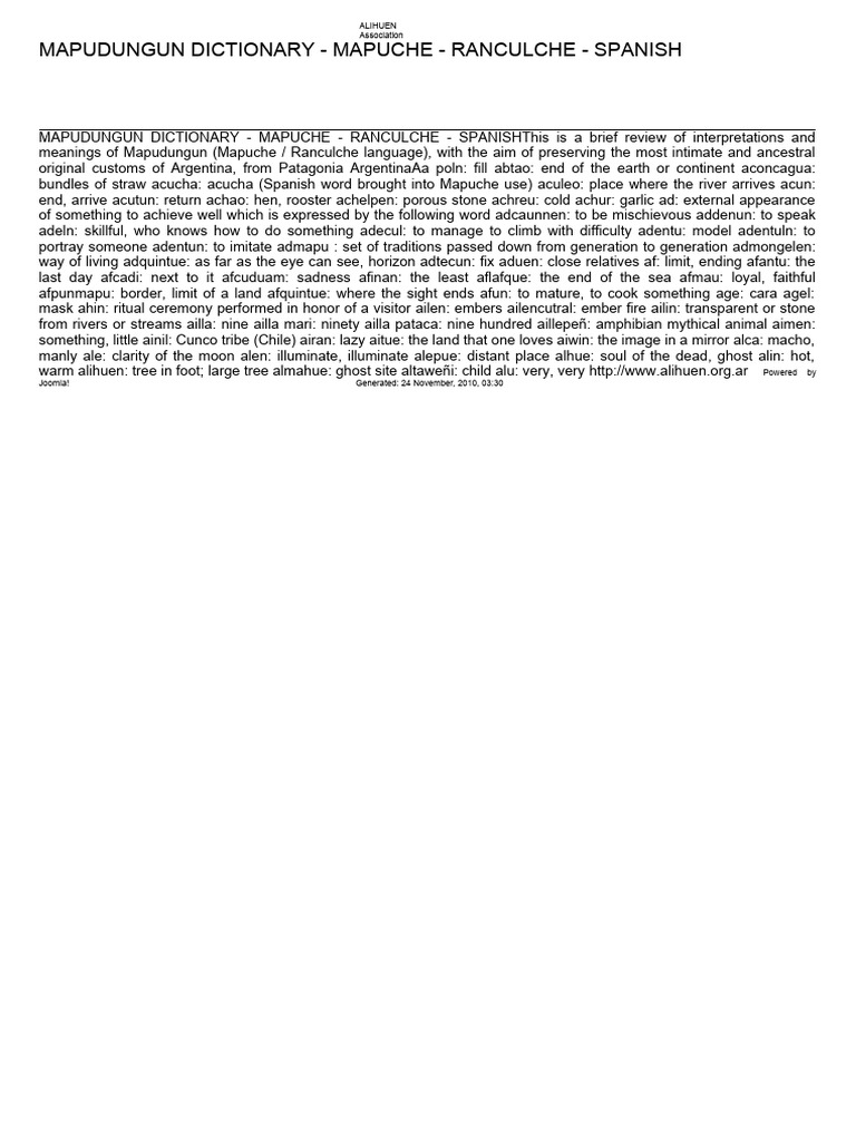Mapudungun - Mapuche - Ranculche - Spanish Dictionary. Alihuen ...