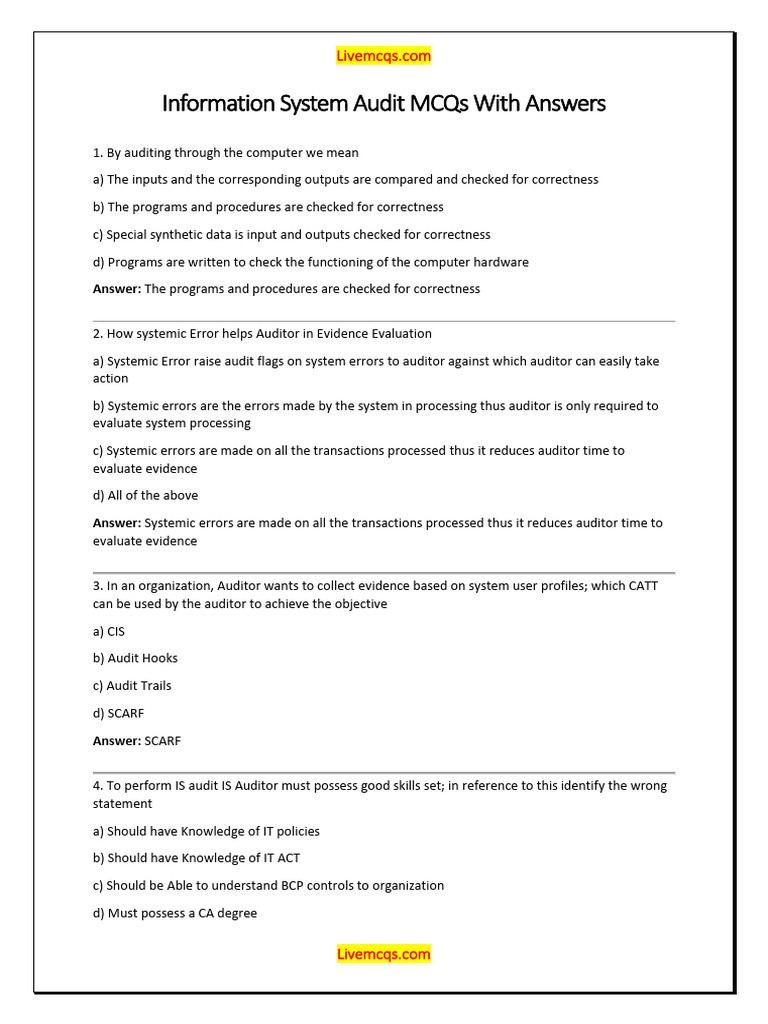 Information System Audit - MCQs | PDF | Audit | Internal Control