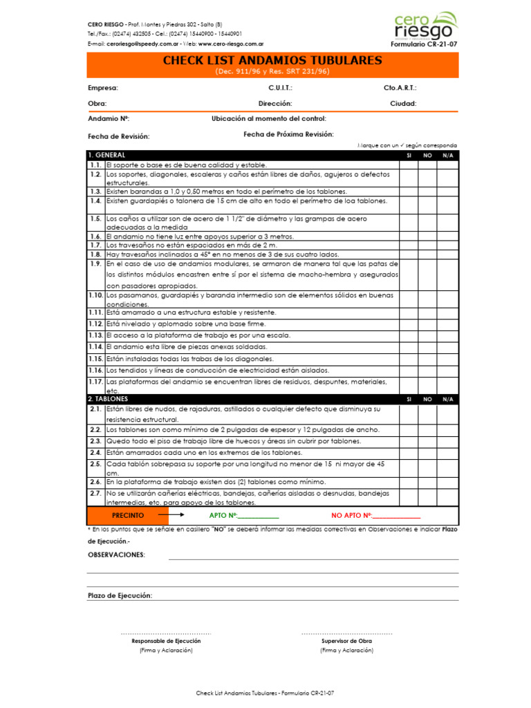 Check List Andamios Tubulares | PDF