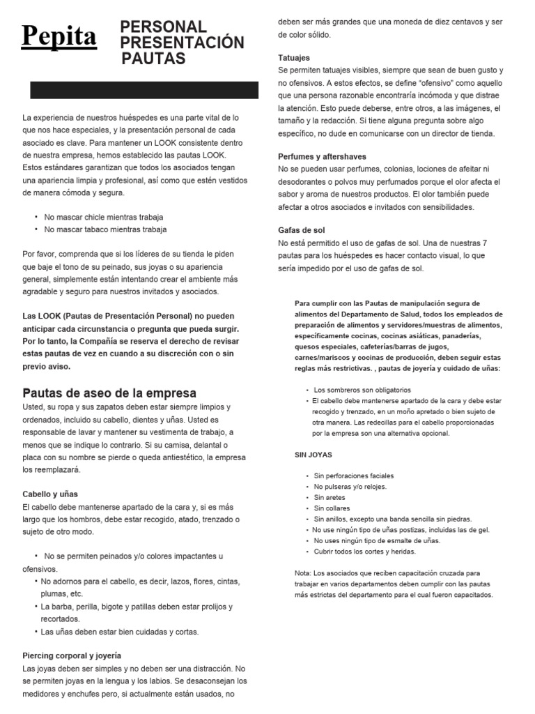 Pautas de Presentación Personal de Nugget Market Inc | PDF | Apariencia ...