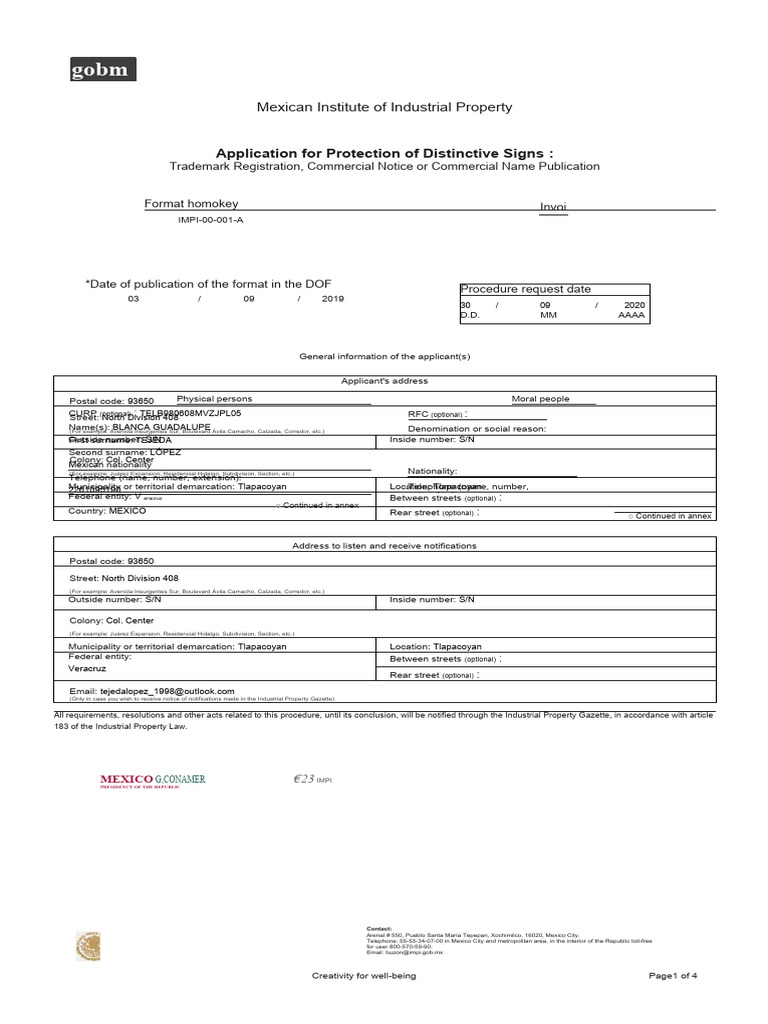 Trademark Registration Application Form | PDF | Trademark | Mexico
