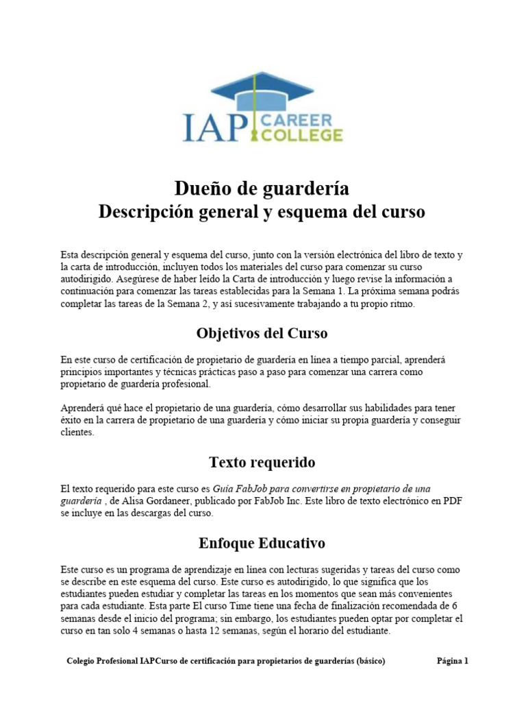 Propietario de Guardería: Descripción General y Esquema Del Curso | PDF | Cuidado de los niños ...