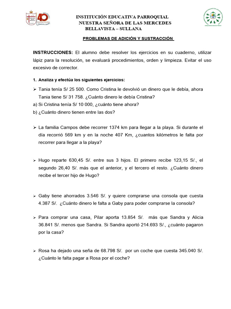 Ejercicios de Adición y Sustracción Matemática | PDF