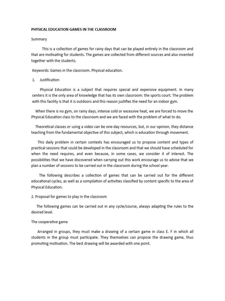 Physical Education Games in The Classroom | PDF | Physical Education ...