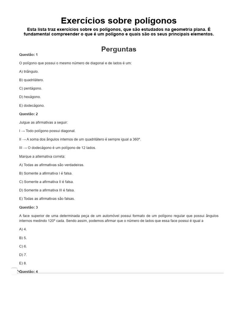 Exercícios Sobre Polígonos - Brasil Escola | PDF | Polígono | Vértice (Geometria)