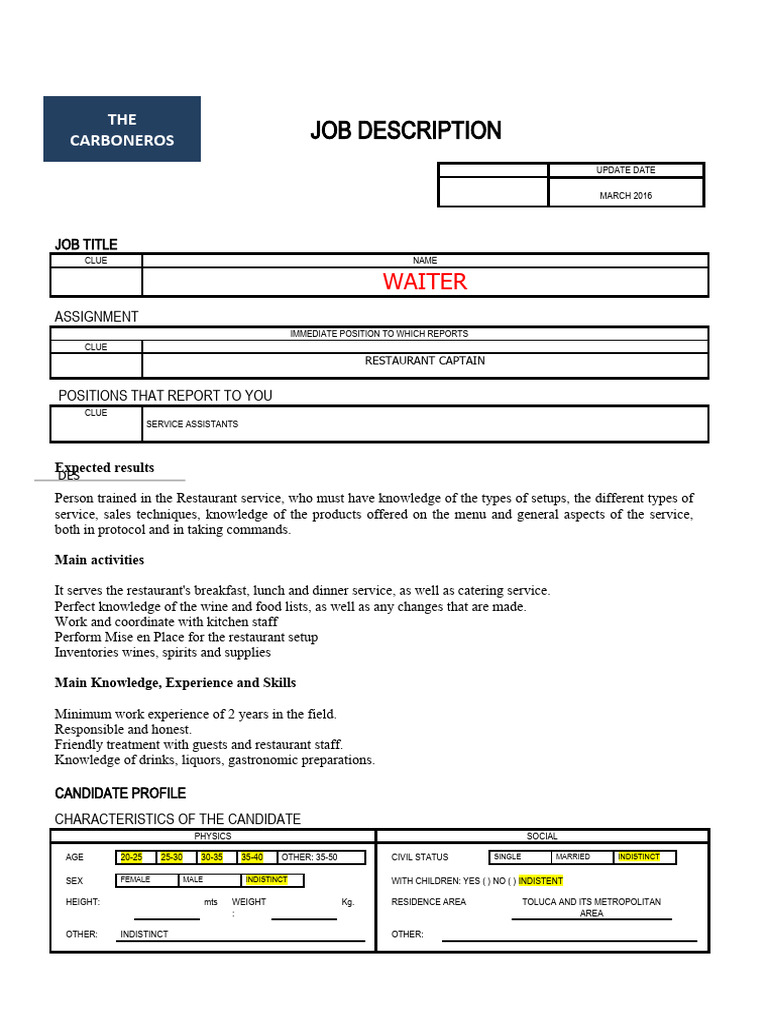 Waiter Job Description | PDF | Waiting Staff | Restaurants