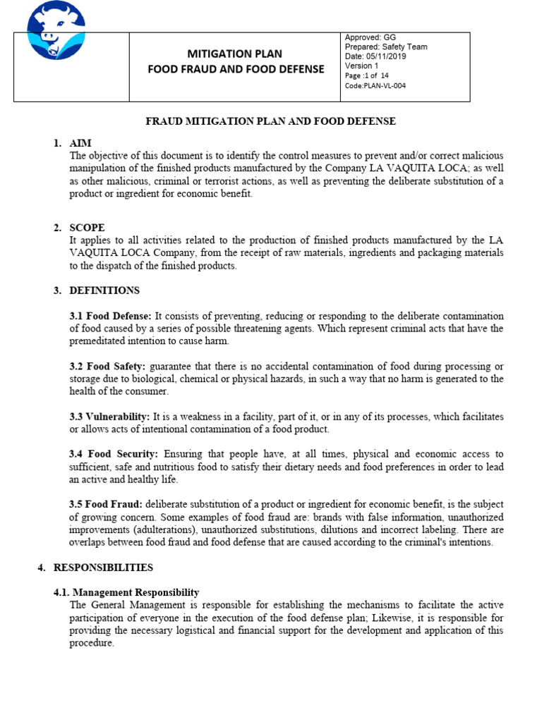 Food Fraud Mitigation and Defense Plan La Vaquita Loca Company | PDF