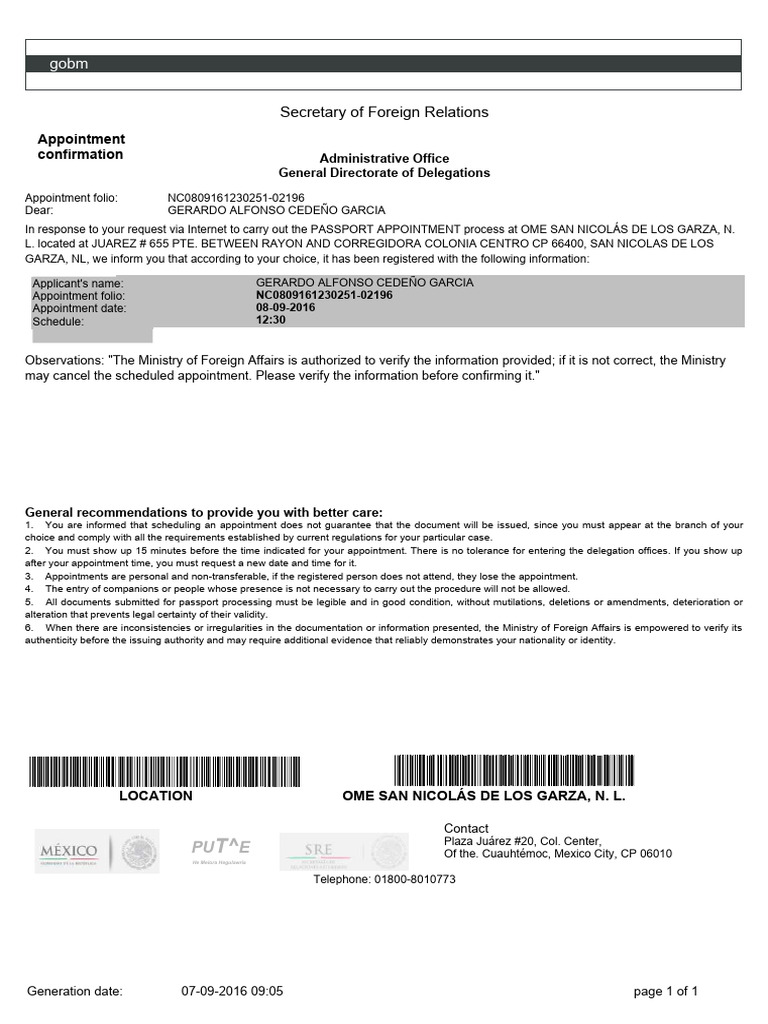 Mexican Passport Appointment Confirmation | PDF | Government And Personhood