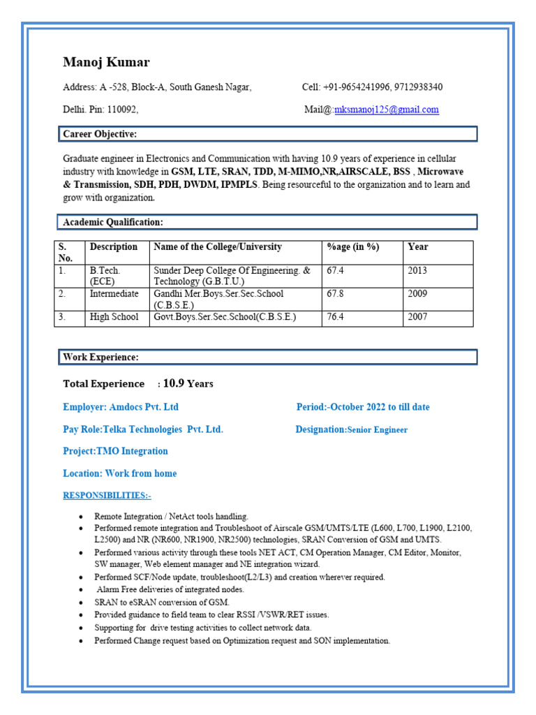 Manoj Kumar - CV | PDF | Lte (Telecommunication) | 4 G