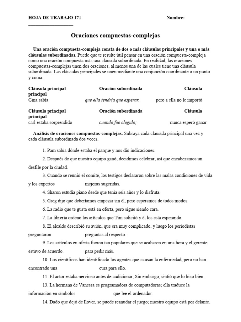 Oraciones complejas compuestas 171 172 | Descargar gratis PDF | Oración ...