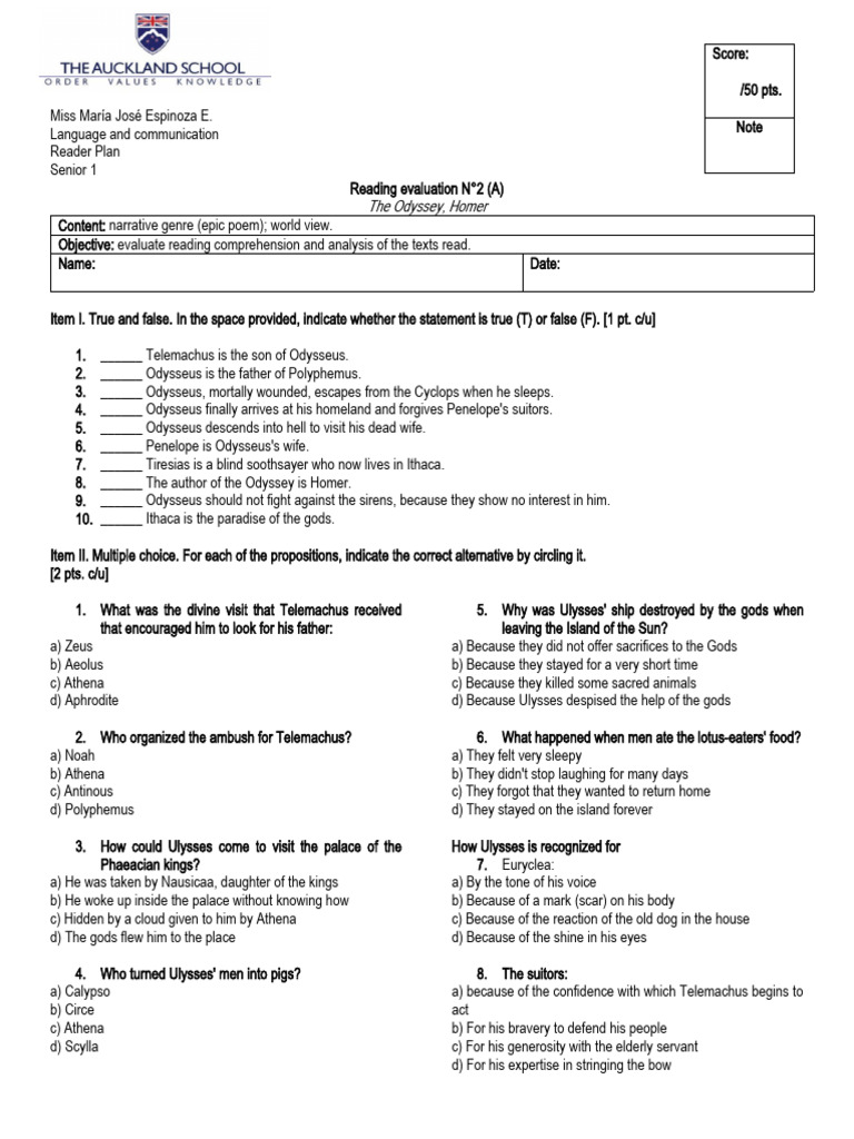 Reading Assessment - The Odyssey (A) | PDF | Odyssey | Odysseus