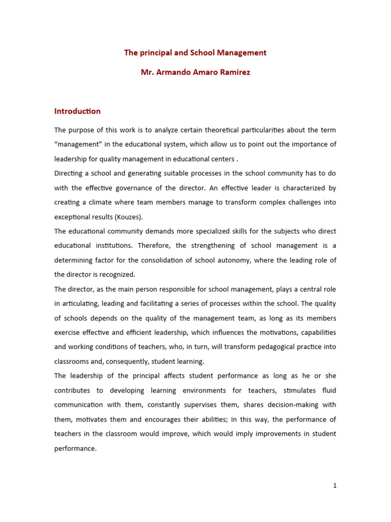 Essay The Principal and School Management AAR | PDF | Leadership | Teachers