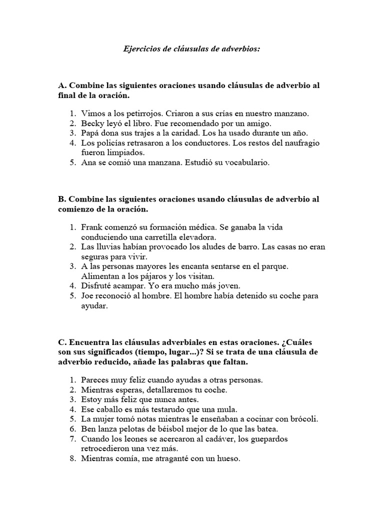 Ejercicios de Cláusulas de Adverbio | PDF | Adverbio