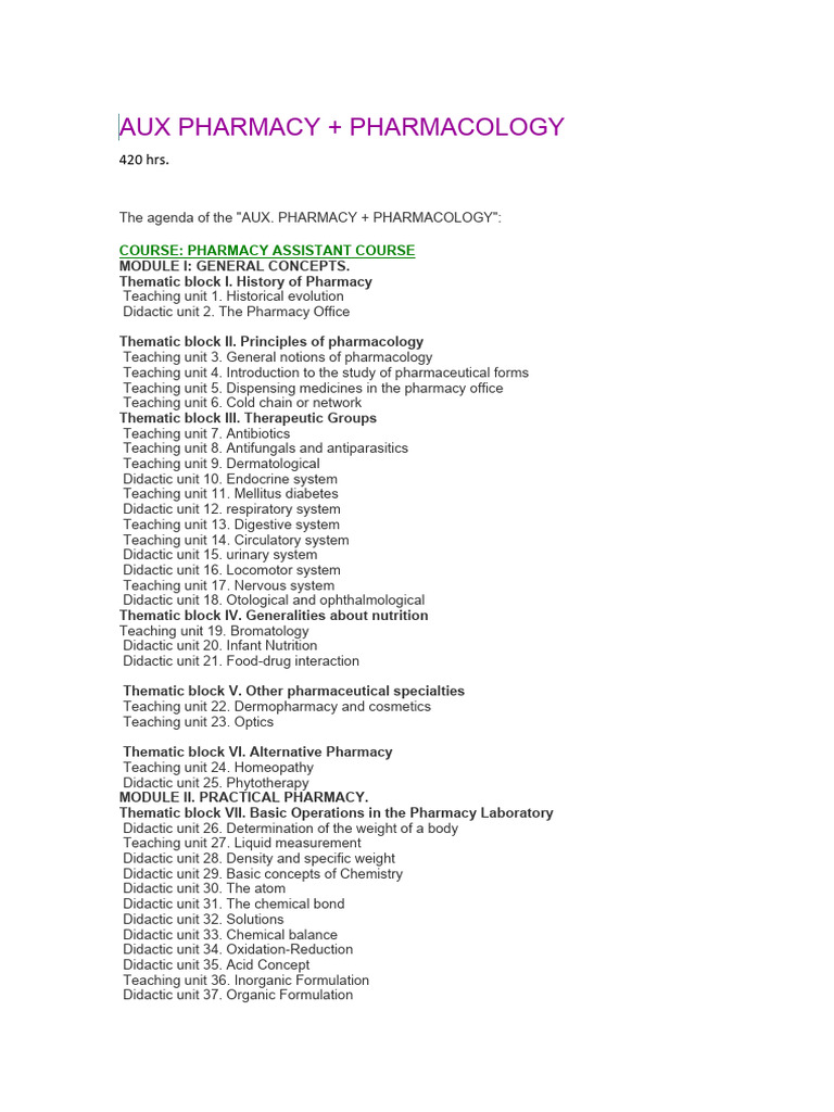 Pharmacy Assistant Course Overview | PDF | Pharmacy | Pharmacology