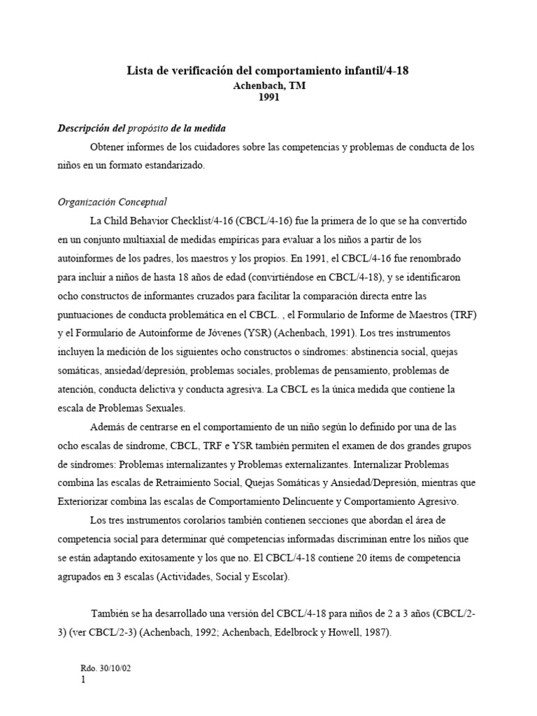 Lista de Verificación Del Comportamiento Infantil 4-18 | PDF | Validez ...