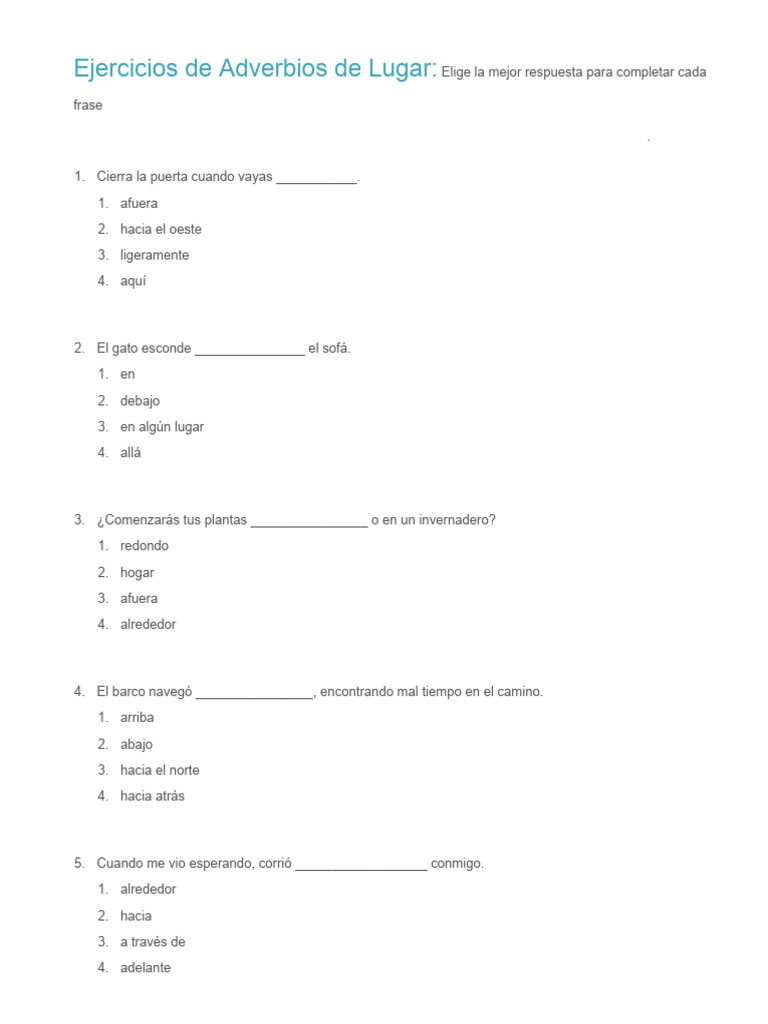 Comprensión de Los Adverbios de Lugar: Ejercicios para Identificar El Uso y El Significado en ...
