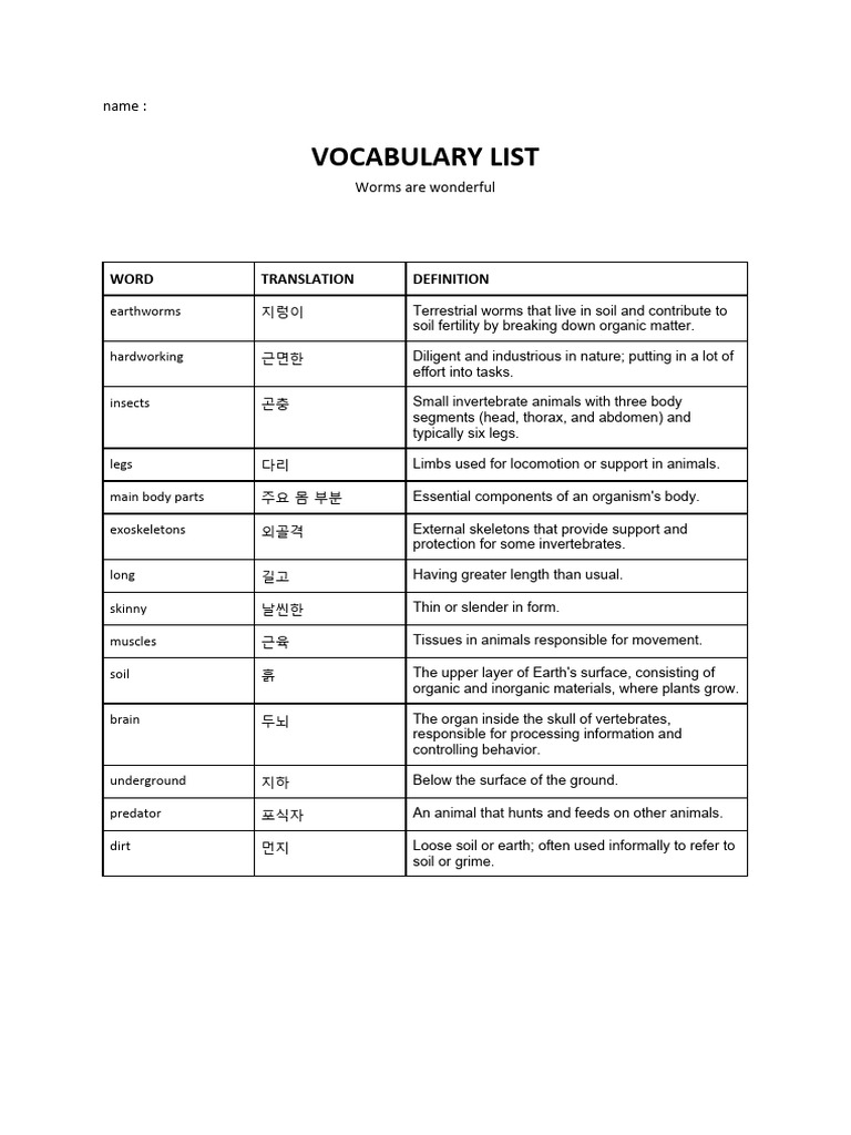 Vocabulary List: Worms and Insects | PDF | Science & Mathematics