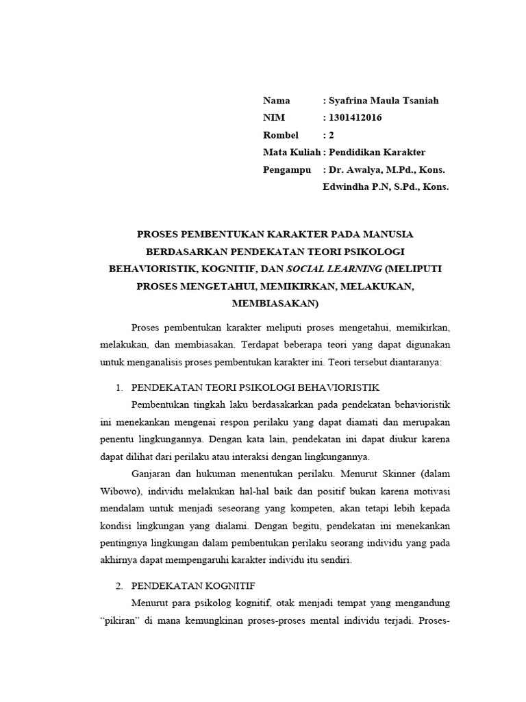 Proses Pembentukan Karakter Pada Manusia Berdasarkan Pendekatan Teori Psikologi Behavioristik ...