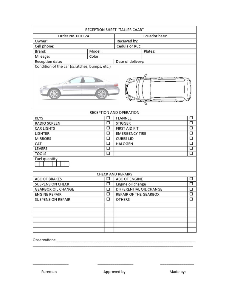 Caar Workshop Reception Sheet | PDF | Motor Vehicle | Car Manufacturers