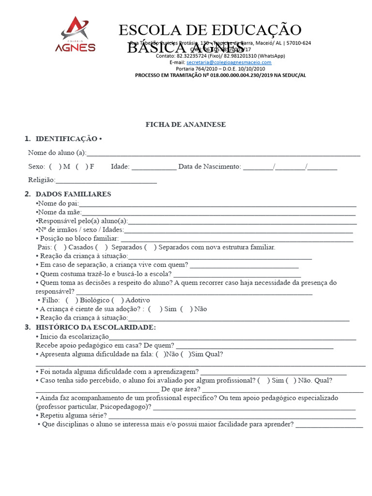Ficha De Anamnese Pdf Pedagogia
