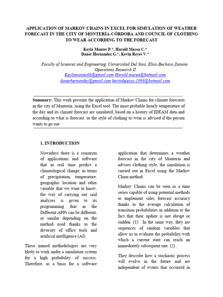 Application of Markov Chains in Excel For Weather Forecast Simulation ...
