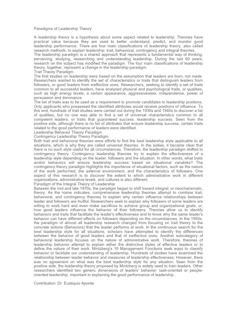 Paradigms of Leadership Theory | PDF | Leadership | Theory Paradigms of Leadership Theory | PDF | Leadership | Theory