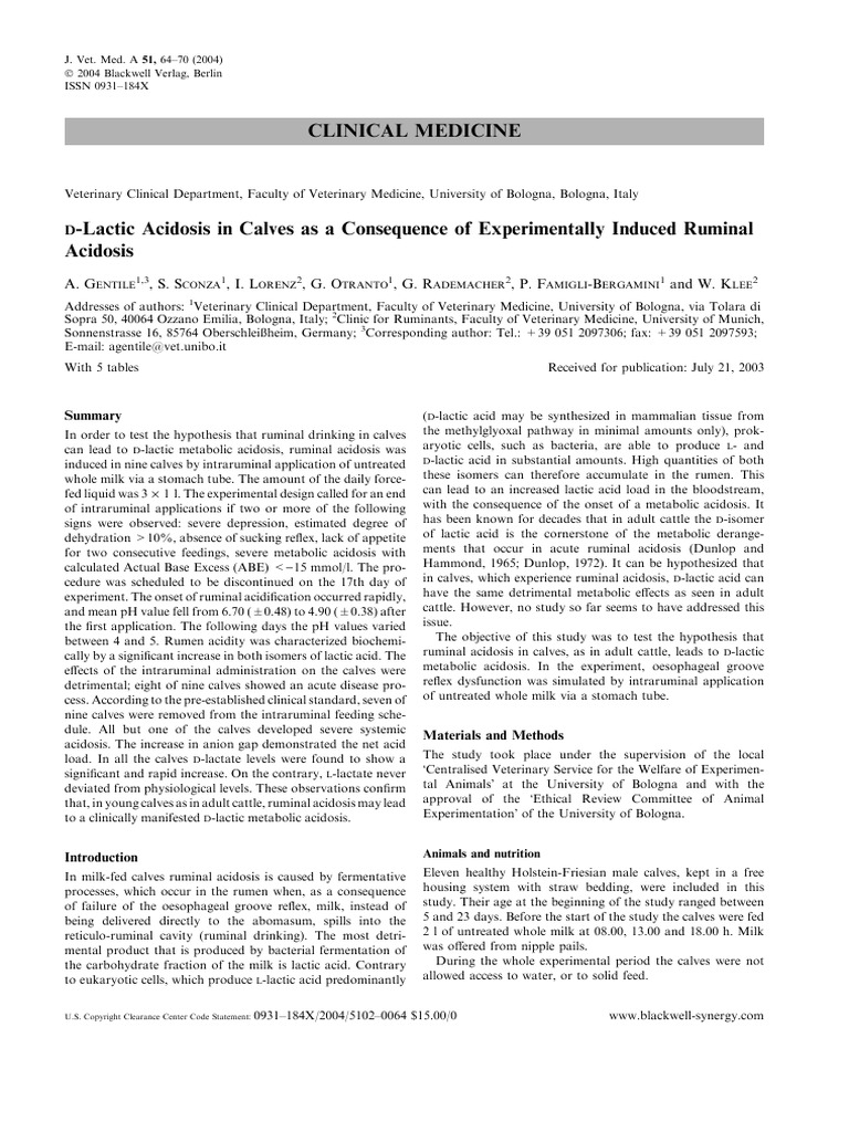 D-Lactic Acidosis in Calves As A Consequence of Experimentally Induced ...