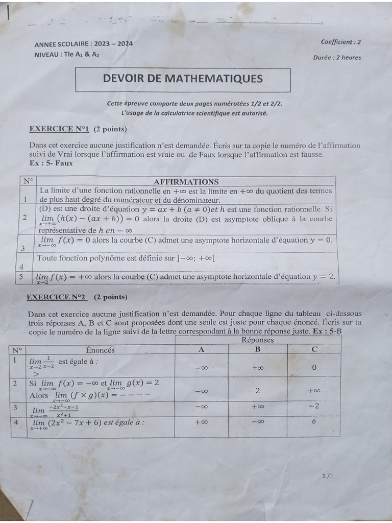 Devoir de Maths Tle A Lym1A | PDF