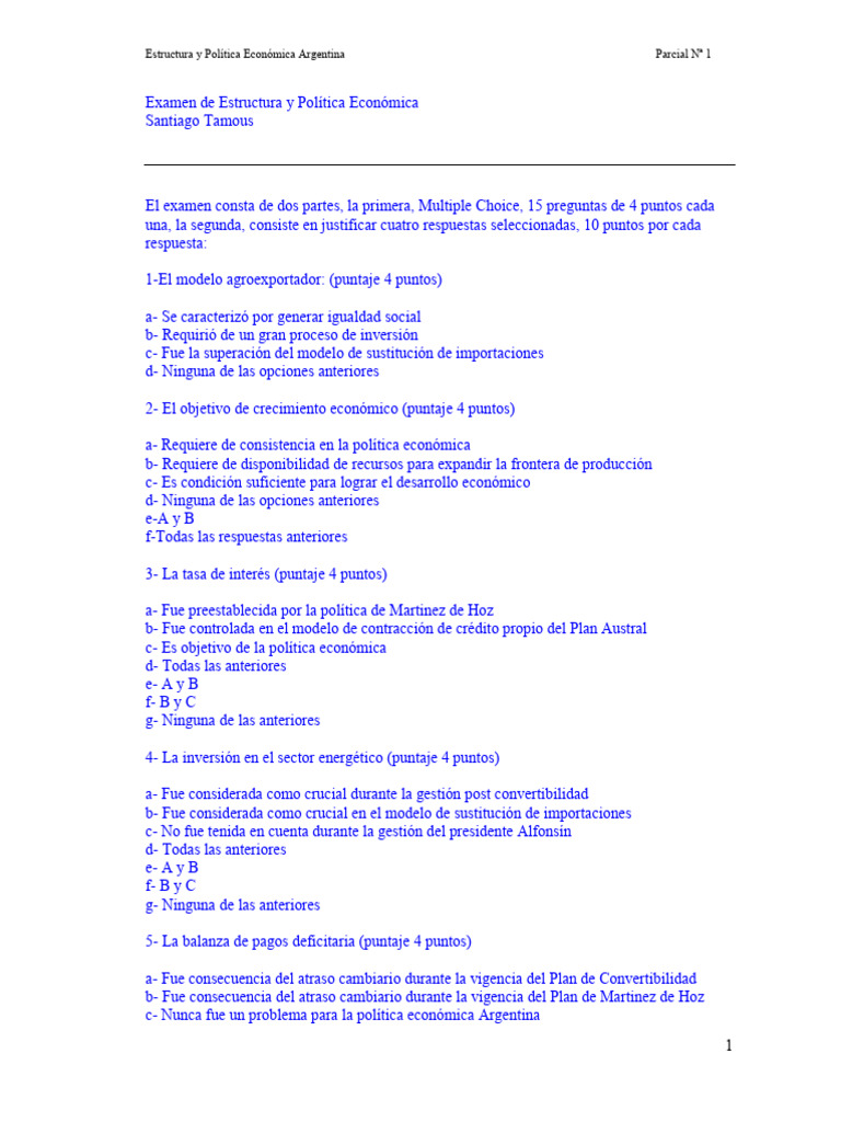 Examen de Política Económica Arg. | PDF | Inflación | Ciencias económicas