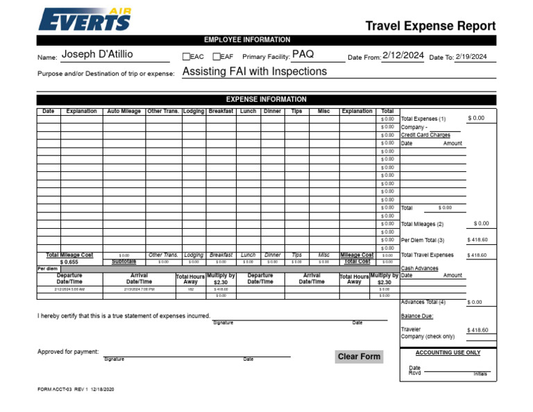 Form ACCT-03 Travel Expense Report | PDF | Per Diem | Expense